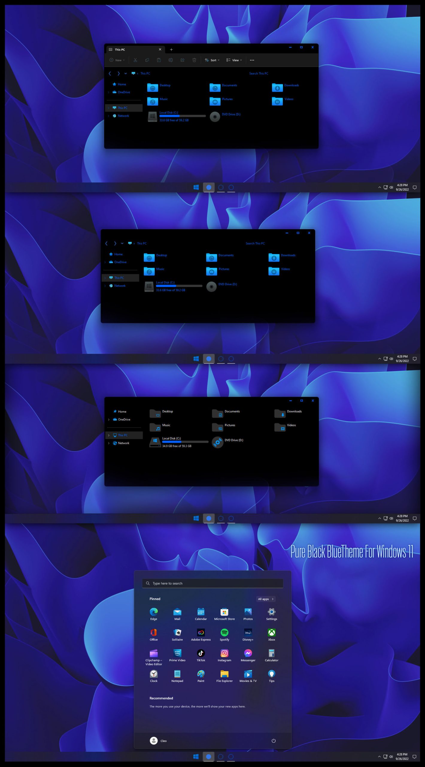 Pure Black Blue v2 Theme for Windows 11 – Theme Pack
